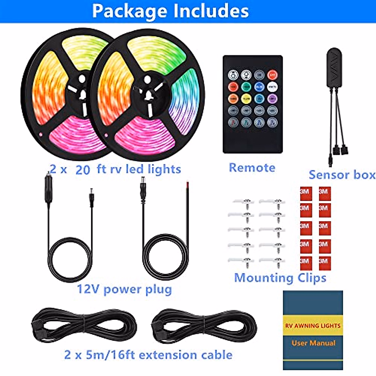 Vbakor RV Awning Lights, 40FT RV Underglow Led Lights Kit, 12V Multi-Color Exterior Neon Accent Underbody Strip Lights for Camper Motorhome with Extension Cable, Music Sync, Waterproof