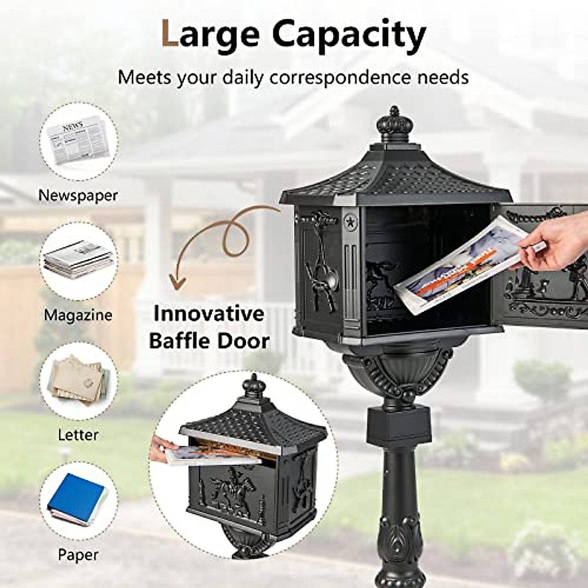 Giantex Cast Aluminum Mailbox with Post - Locking Residential Mailboxes for Outside with Keys, Baffle Door, Expansion Bolts, Address Panel, In-Ground Rust-Proof Large Security Postal Mailbox (Black)