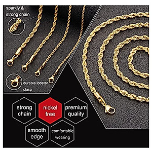 Gold Plated Necklace for Men 2.5MM 18 Inches Stainless Steel Twist Rope Chain for Women Boys