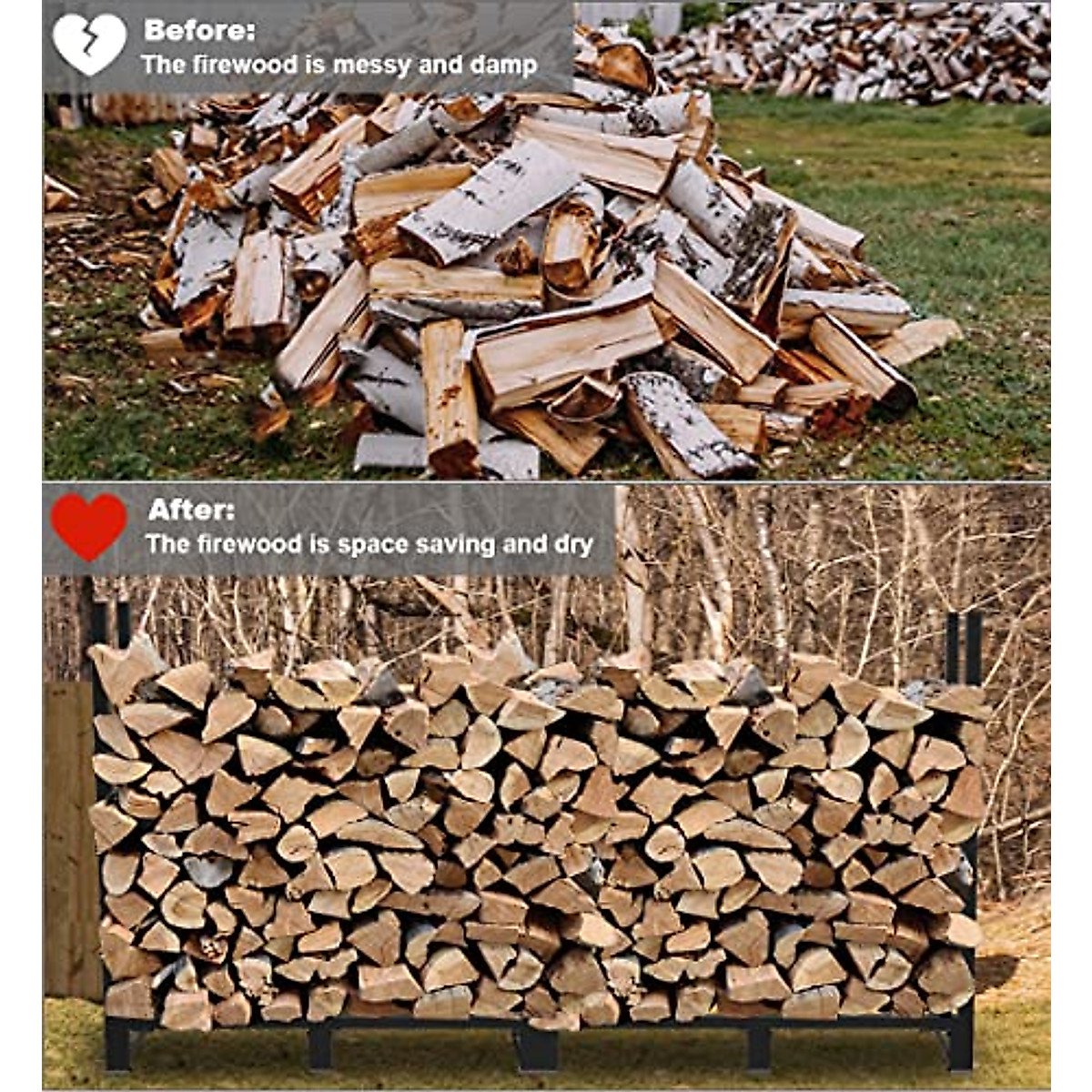 Khordin 8ft Firewood Rack Outdoor Adjustable Heavy Duty Wood Rack Fire Wood Holder for Indoor Storage Fireplace Metal Lumber Organizer Wood Stand Stacker, Black