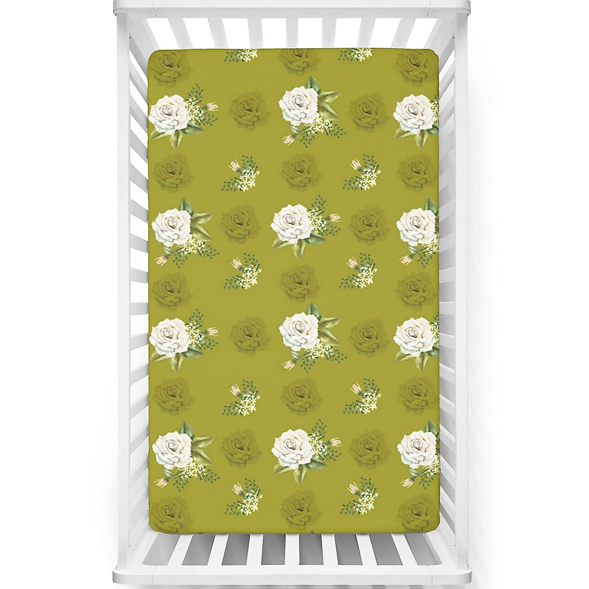 Rose Flower Themed Fitted Mini Crib Sheets,Portable Mini Crib Sheets Soft & Stretchy Fitted Crib Sheet-Crib Mattress Sheet or Toddler Bed Sheet,24“ x38“,Dark Khaki Olive Green
