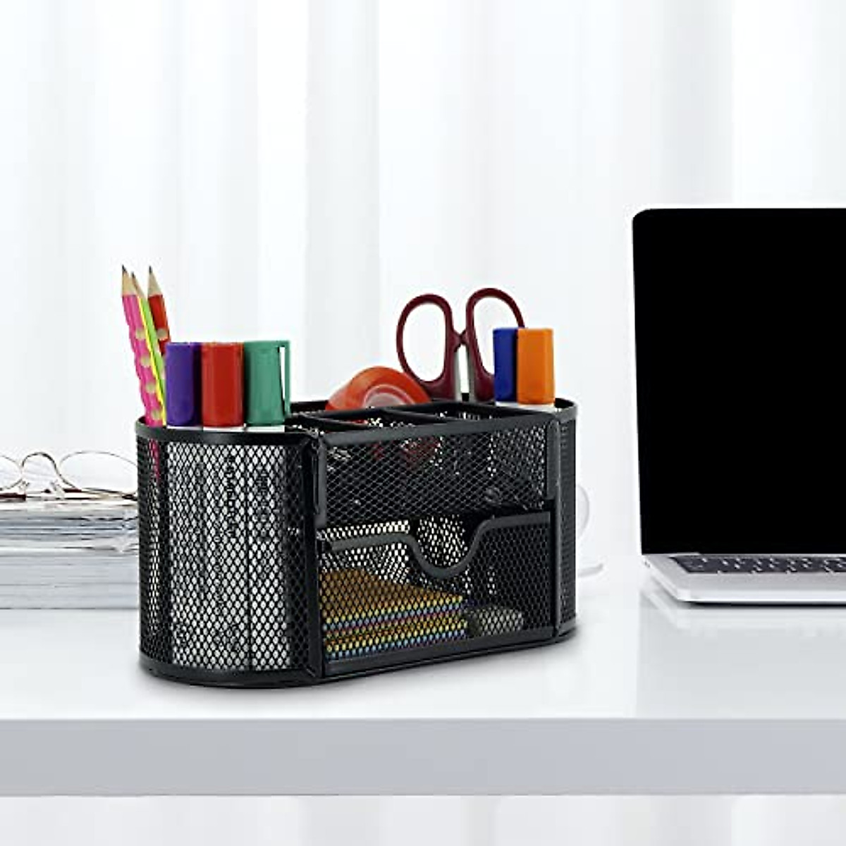 Neudeco Desk Organizers Mesh Desktop Office Supplies Multi-functional Caddy Pen Holder Stationery with 8 Compartments and 1 Drawer + Stapler with 1000 Staples Combo for Office Home School Black