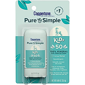 Coppertone Pure and Simple Kids Sunscreen Stick SPF 50, Zinc Oxide Mineral Sunscreen for Kids, Body and Face, 0.49 Oz Stick