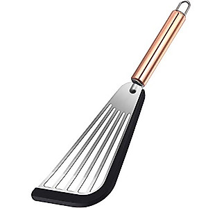 Slotted Spatula Flexible Stainless Steel Spatula with Silicone Top Soft Edge Slotted Spatula Turner with Golden Handle (1, Black)