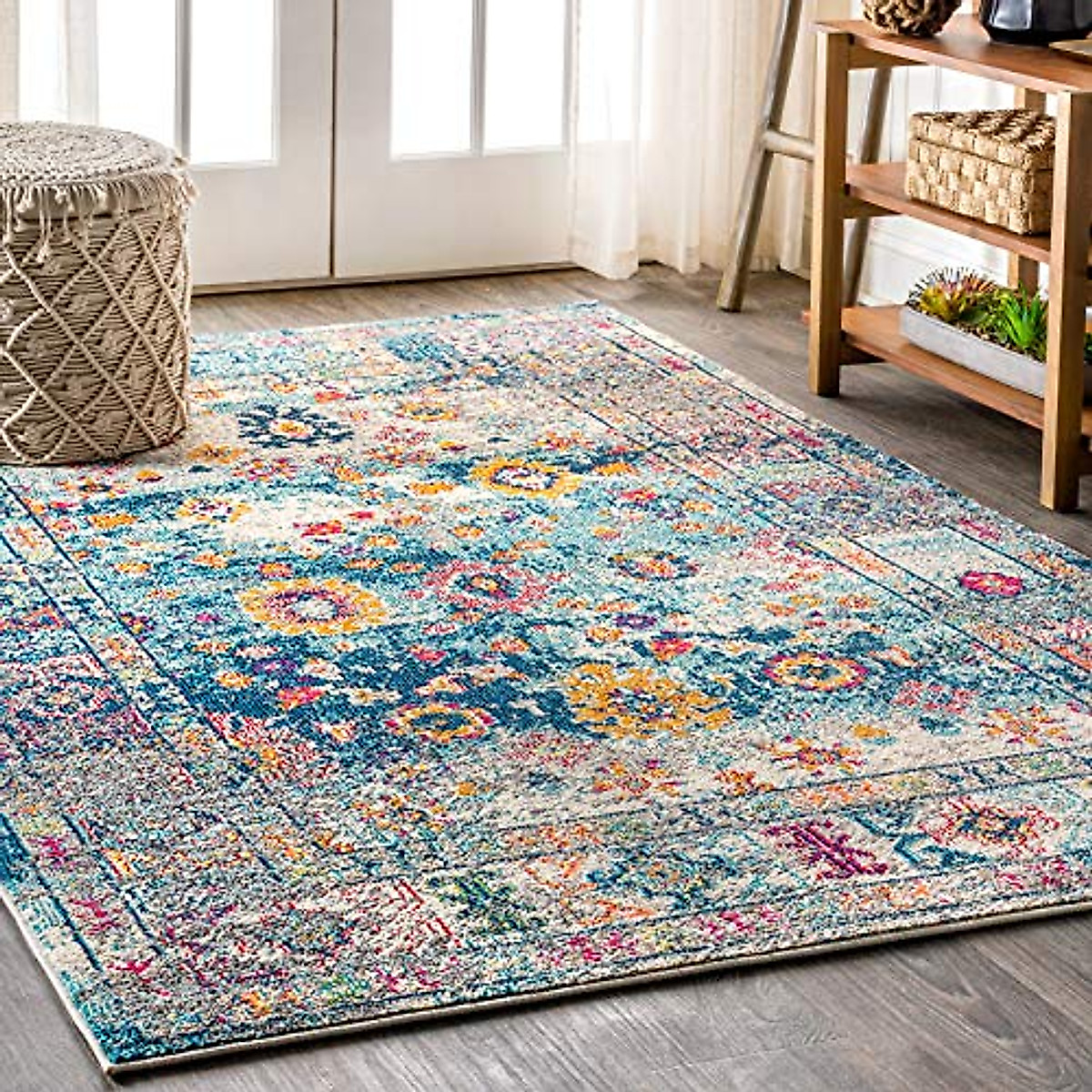 JONATHAN Y BMF103B-5 Bohemian Flair Boho Vintage Medallion Faded Indoor Area-Rug Floral Easy-Cleaning High Traffic Bedroom Kitchen Living Room Non Shedding, 5 ft x 8 ft, Navy/Cream