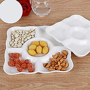 Nologo 4 Pcs White Plastic Divided Appetizer Serving Tray 5-Section Candy Snack Salad Desserts Dried Fruit Nuts Plate for Thanksgiving Wedding Home Office Party