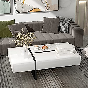 Merax Contemporary Rectangle Coffee Table, Modern High Gloss Surface, Living Room Furniture, White and Black