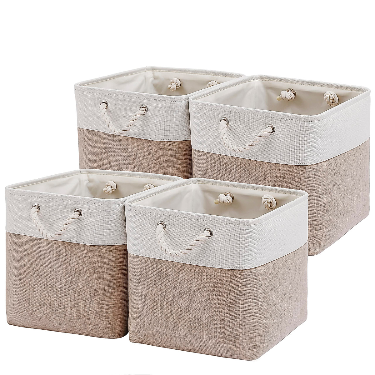 MidmmVick 13 x 13 Inch Cube Storage Bins, 4 Pack Large Collapsible Fabric Storage Bin with Ropes, Foldable Storage Cubes for Home, Office,Closet, Clothes, Toys Organizer (White & Beige)