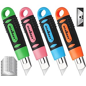 HORUSDY 4-Pack Box Cutter Utility Knife, Safety Retractable Box Cutter for Cardboard, Boxes and Cartons, Extra 10 Blades.