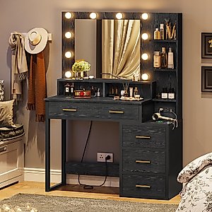 BTHFST Makeup Vanity with Lights and Charging Station, Black Vanity Desk with Mirror and Lights, Makeup Table with 5 Drawers and Shelves, Vanity Mirror with Lights Desk, Black Wood Grain