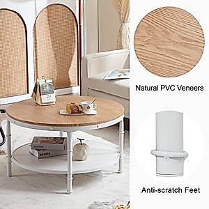 VINGLI 31.5" Natural White Round Farmhouse Coffee Table, 2-Tier Storage Wood Center Circle Accent Table for Living Room, Bedroom, Apartment, Studio and Small Spaces, Sturdy Metal Frame, Natural Color