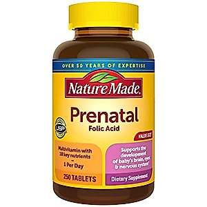 Nature Made Prenatal Multivitamin with Folic Acid, Prenatal Vitamin and Mineral Supplement for Daily Nutritional Support, 250 Tablets, 250 Day Supply