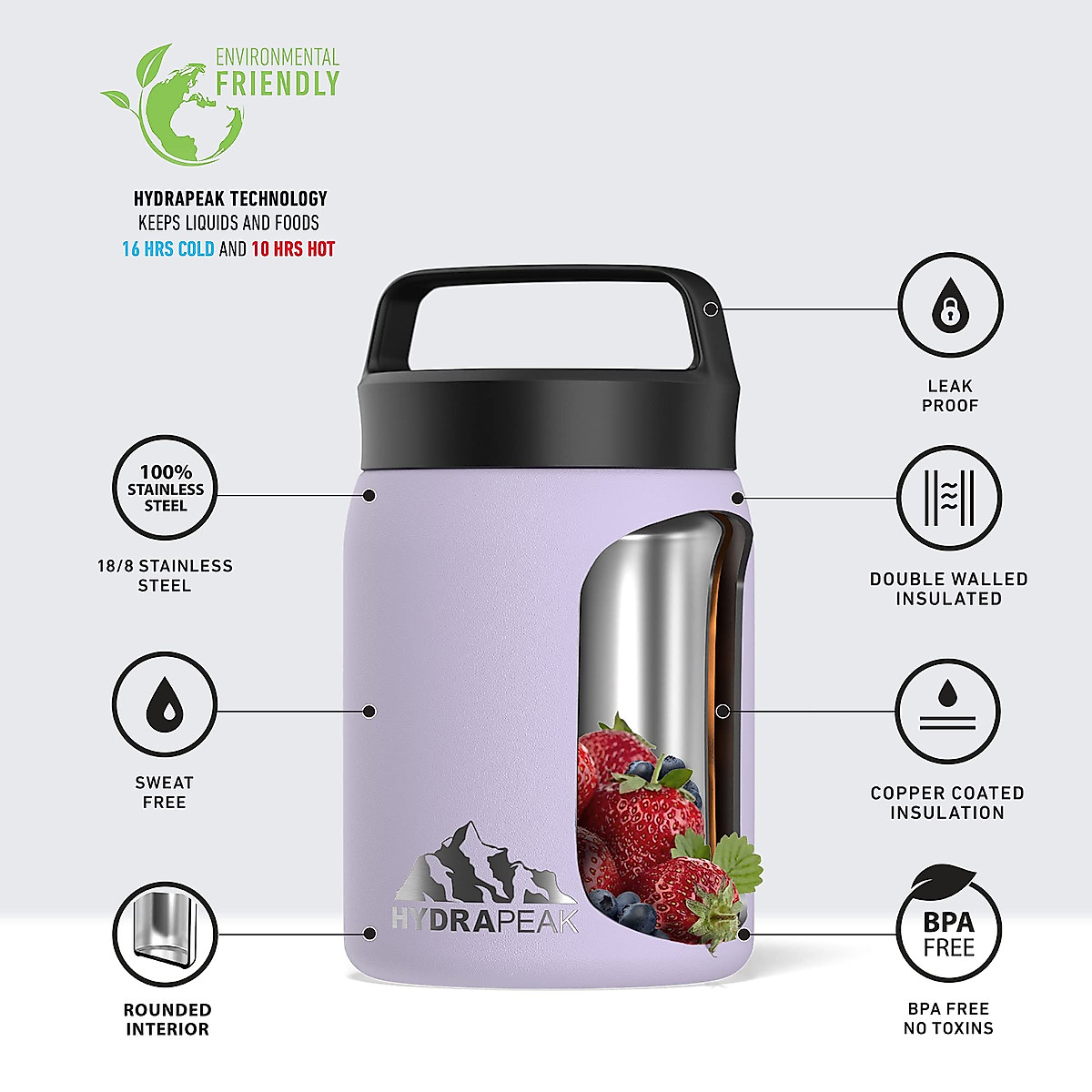 Hydrapeak 18 oz Insulated Food Thermos Hot and Cold, Soup, Vacuum Insulated Jar, Stainless Steel, for Office, Outdoor (Lavender)