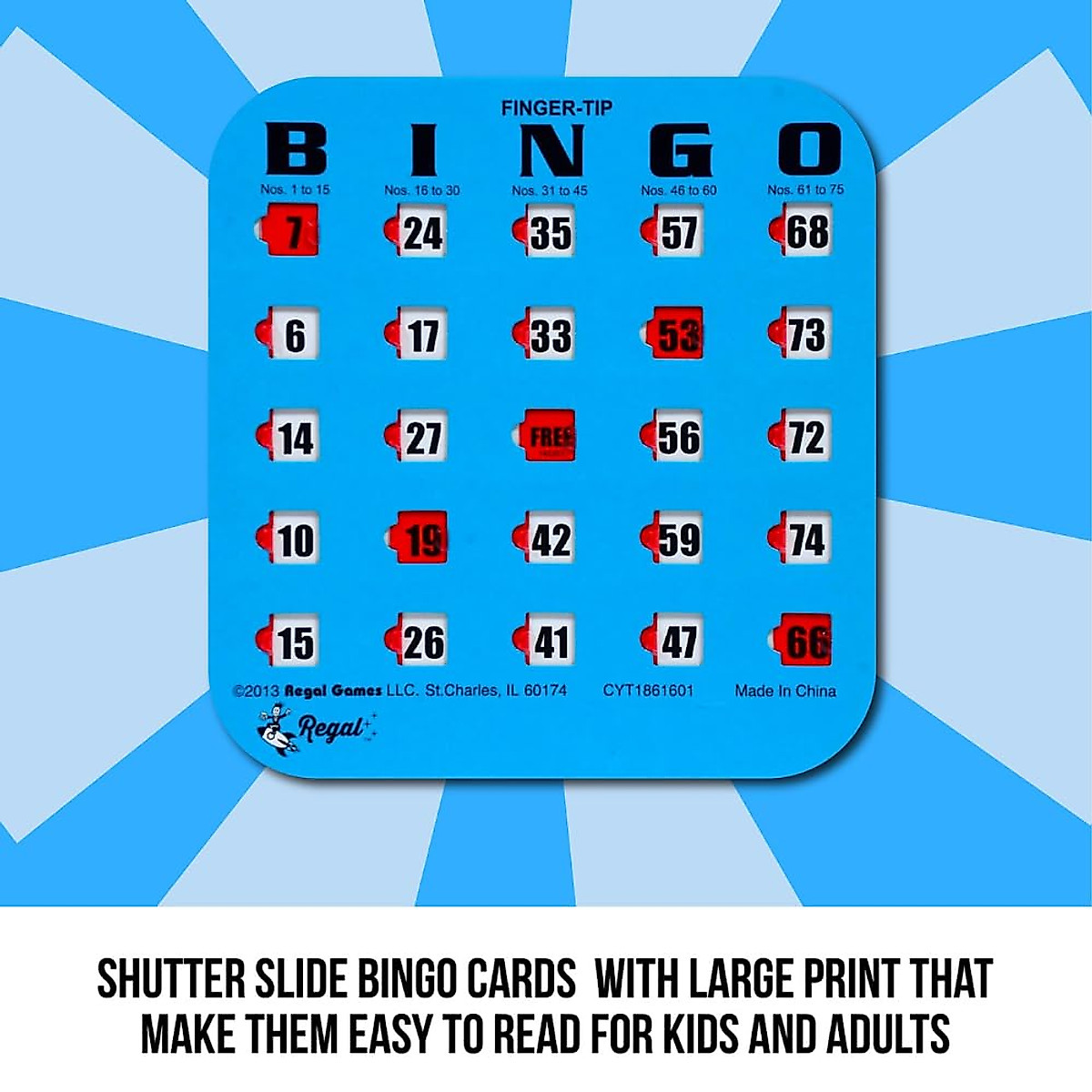 Regal Bingo Bulk Bingo Cards with Sliding Windows - Reusable Large Print Bingo Game Cards for Adults Large Group - 25 Pack, Blue