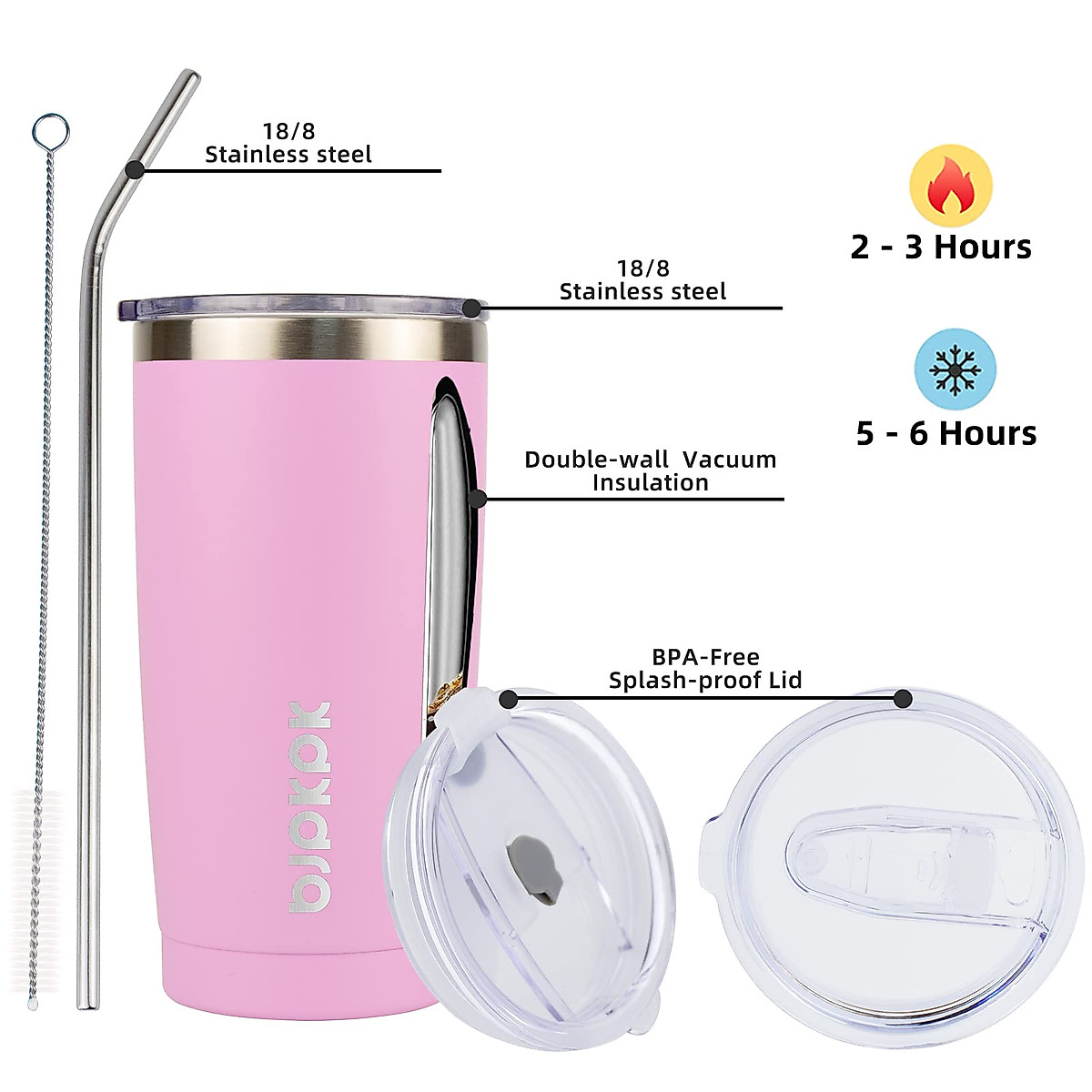 BJPKPK Insulated Tumbler 20 oz Stainless Steel Coffee Travel Thermal Cup With lids And Straws,Light Pink