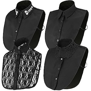 Women's Fake Detachable Dickey Collar Diamond Pearl Lace Fake Half Shirt Collar (Black)
