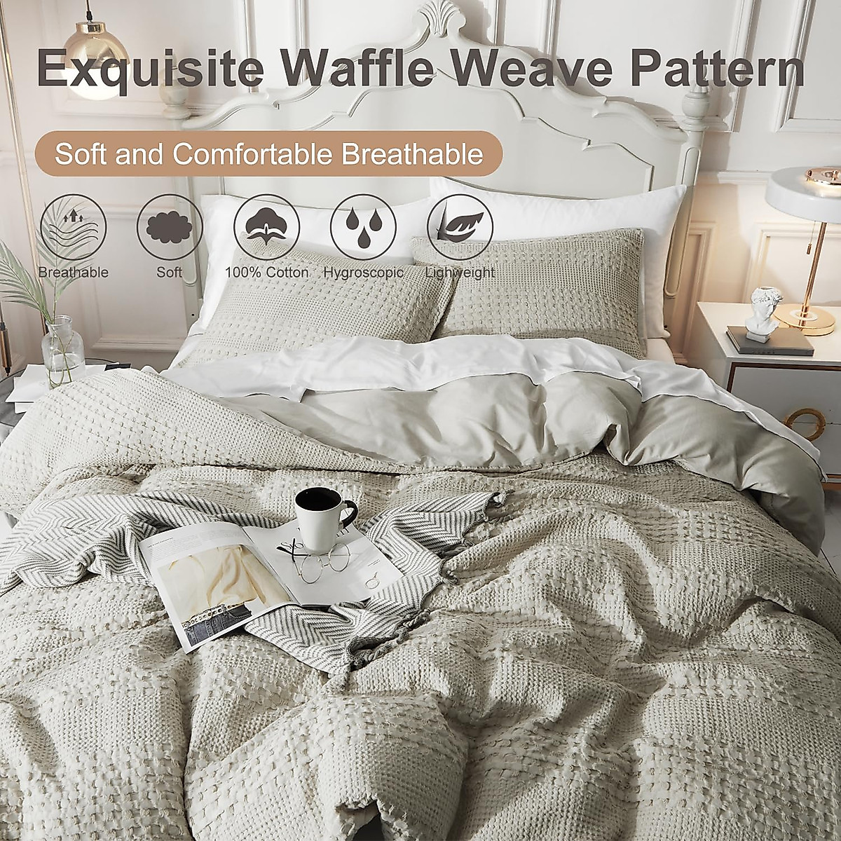 Ivellow Duvet Cover King Waffle Weave Duvet Cover Set 100% Cotton Textured Khaki Duvet Cover Cozy Soft Breathable King Duvet Cover Skin-Friendly Luxury Comforter Cover Bedding Set All Season 104"x90"