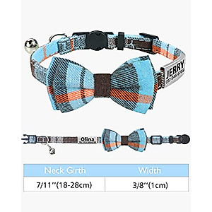 TagME Personalized Cat Collar, Breakaway Tartan Kitten Collar with Cute Bow Tie & Bell, Stainless Steel Slide-on Pet ID Tag Engraved with Name & Phone Numbers, Haze Blue