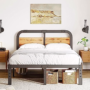 Aardhen Queen Size Bed Frame 14 Inch Rustic Wood Headboard, Heavy Duty Steel Slats Support, Easy Assembly, No Box Spring Needed, Quiet and Sturdy