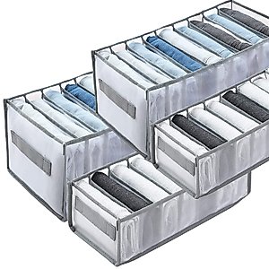 Wardrobe Clothes Organizer, 9 Grids Upgraded Washable Closet Organizers and Storage, Jeans Leggings Compartment Storage Box, Foldable Drawer Mesh Separation Box for Jeans, Shirt, Legging, Grey (4Pcs)