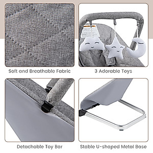 BABY JOY Baby Bouncer, Foldable Baby Bouncer Seat with 5-Point Safety Harness, Removable Fabric Cover & 3 Plush Toys, Portable Infant Bouncer for Babies 0-6 Months (Grey)
