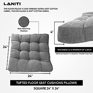 LANITI 24” Inch Extra Large Floor Cushions Tufted Floor Pillow for Adults Square Meditation Ultimate Comfort Oversized Pillows for Floor Cushion (Charcoal)