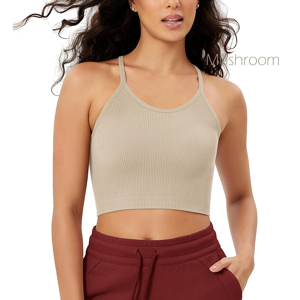 ODODOS Women's Crop 3-Pack Seamless Rib-Knit Camisole Crop Tank Tops, Mushroom Taupe Charcoal, X-Small/Small