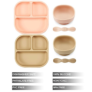 PandaEar Silicone Toddler Plates and Bowls Set| 2 Pack Baby Suction Plates + 2 Pack Baby Suction Bowls and 2 Spoons First Stage