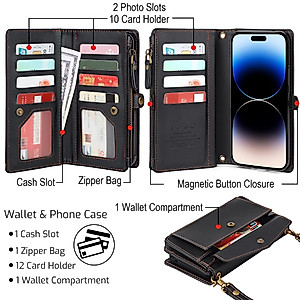 DKDKSIP for iPhone 15 Pro Max Wallet Case for Women, Support Wireless Charging with RFID Blocking Card Holder, PU Leather Zipper Wallet Detachable Magnetic Phone Case with Crossbody Strap, Black