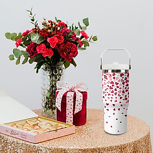 HOWSEESNOW 30oz Valentines Insulated Tumbler with Handle and Straw, Leak Proof Travel Coffee Mug, Reusable Stainless Steel Heart Tumbler, Valentines Gifts for Her