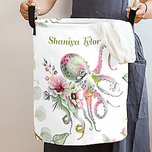Floral Octopus Underwater Storage Bin, Waterproof Oxford Fabric Clothes Basket Organizer for Laundry Hamper,Toy Bins,Gift Baskets, Bedroom, Clothes,Baby Nursery