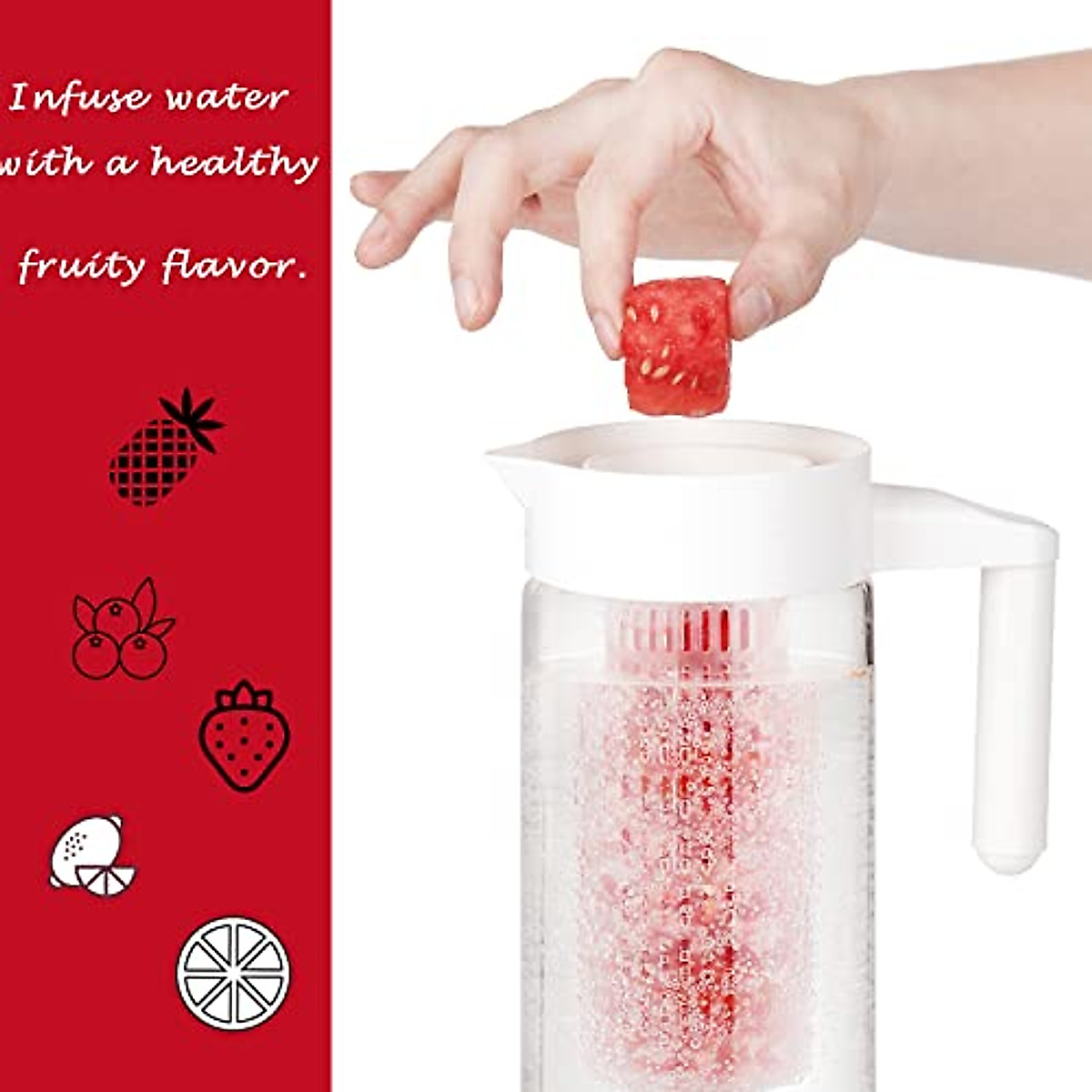 1.3L/44oz Glass Fruit Infuser Water Pitcher with Lid and Handle, Borosilicate Glass Jug with Removable Filter, for Hot/Cold Beverage, BPA-free (White)