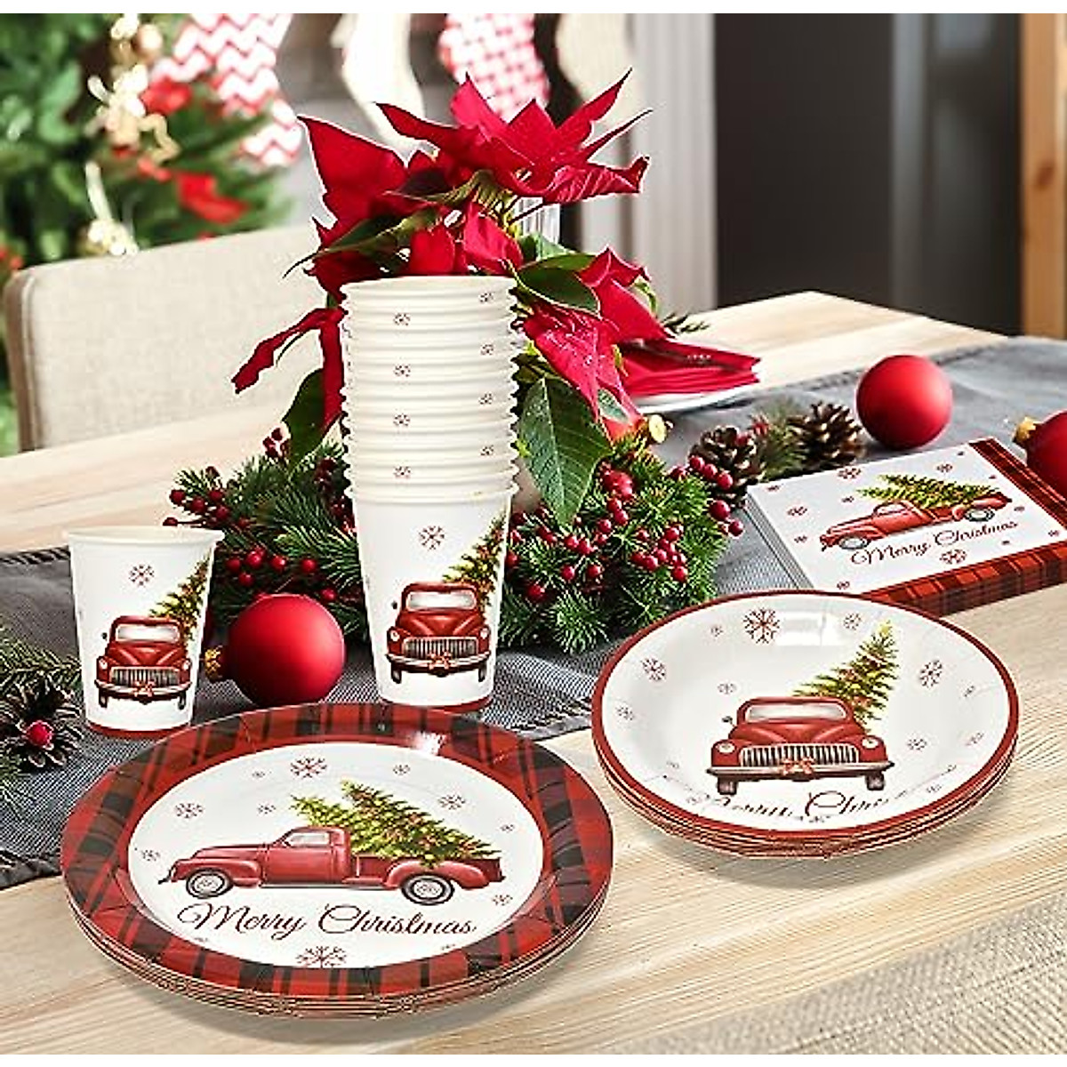 Gift Boutique Christmas Red Truck Party Supply Table Set 24 9" Dinner Plate 24 7" Plate 24 9 Oz Cups 24 Lunch Napkin for Xmas Pickup Trucks with Tree & Buffalo Plaid Disposable Paper Dinner Décor