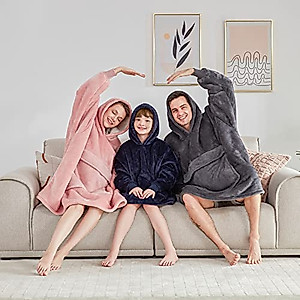 Touchat Wearable Blanket Hoodie, Oversized Sherpa Blanket Sweatshirt with Hood Pocket and Sleeves, Super Soft Warm Plush Hooded Blanket for Kids, One Size Fits All (NavyBlue)