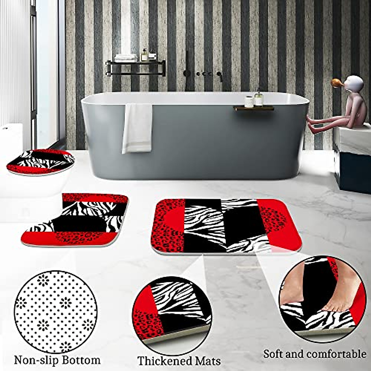 Poedist 4 Pcs Bathroom Shower Curtain Set,Red Leopard Print Shower Curtain Bright Style Shower Curtain Sets with Rugs(Bath Mat,U Shape and Toilet Lid Cover Mat) and 12 Hooks