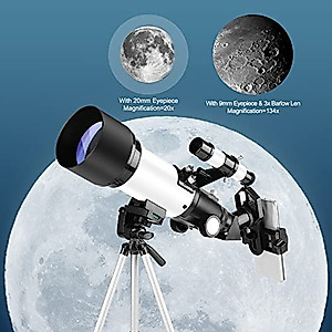 occer Telescopes for Adults Kids Beginners - 70mm Aperture 400mm Telescope FMC Optic for View Moon Planet - Portable Refractor Telescope with Adjustable Tripod Finder Scope Phone Adapter