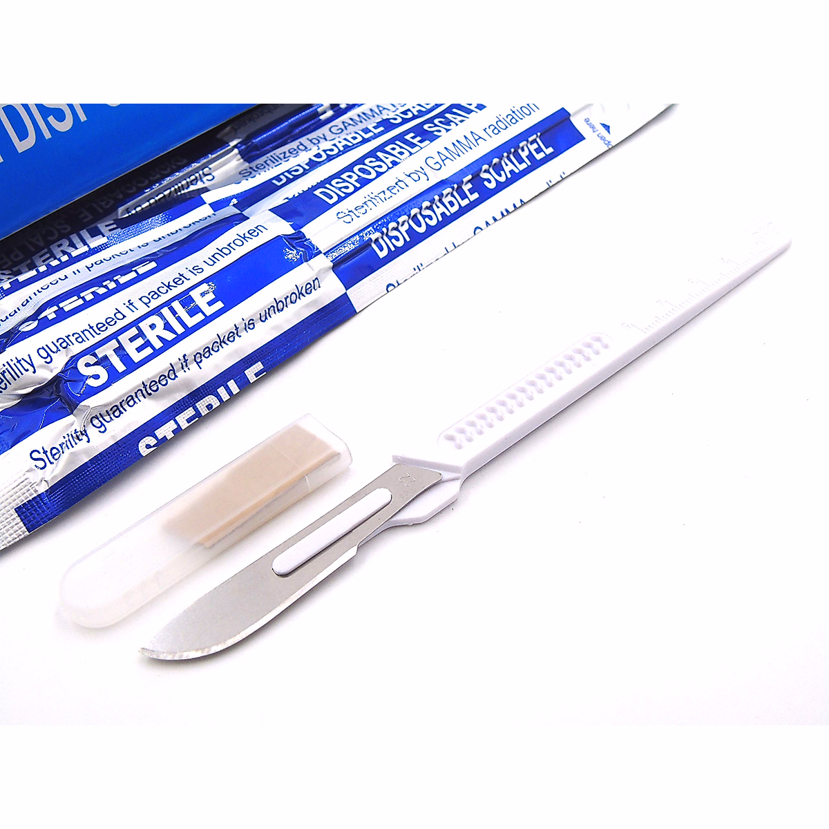 Disposable Scalpels High-Carbon Steel Blades, Plastic Graduated Handle, Sterile, Individually Foil Wrapped, Box of 10 (Disposable Scalpel #22)