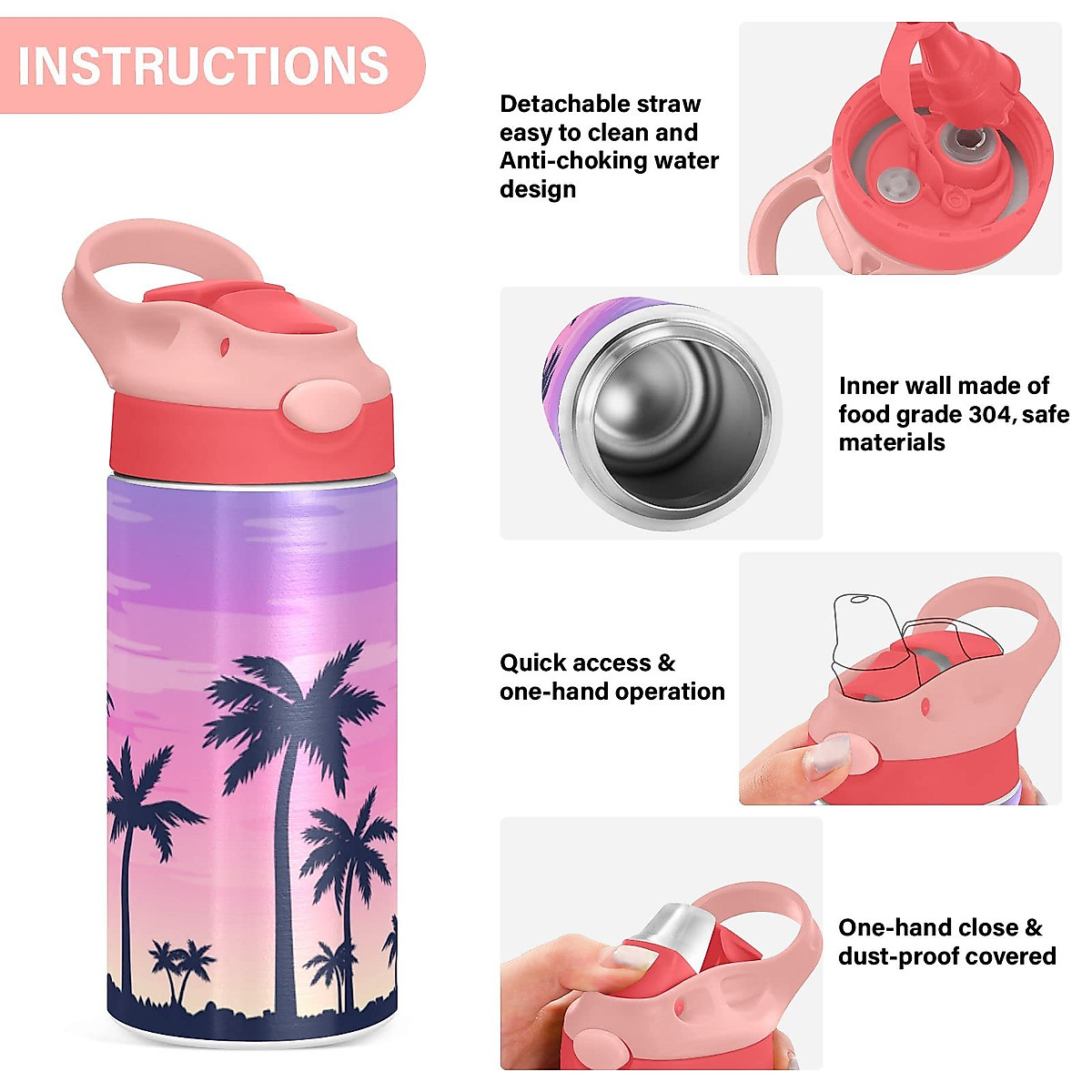 Purple Sky Palm Trees Kids Water Bottle with Straw Lid, Vacuum Insulated Stainless Steel Double Walled Leakproof Tumbler Travel Cup for Girls Boys Toddlers, 12 oz