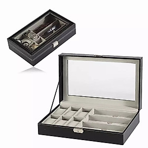 RJ Displays Valet Jewelry Box for Men - Holds 6 Watches, 3 Sunglasses Tray Storage Holder Mens Watch Case Organizer with Metal Accents, PU Leather & Large Glass Lid - Black Watc + Gift Box