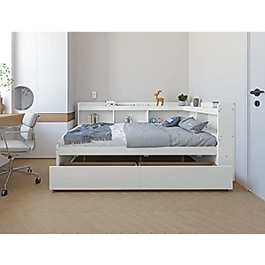 DEINPPA Full Size Platform Bed with L-Shaped Bookcase and 2 Drawers, Wooden Captain Bed Frame with Bookcase Headboard for Kids Teens Adult Boys Girls, No Box Spring Needed, White