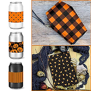 Whaline Halloween Faux Leather Sheets 8 x 12 Inch Pumpkin Plaid Dots Stripe Synthetic Leather Fabric Glittery Black Orange Faux Leather for Halloween DIY Craft Earring Hair Bow, 12 Sheet