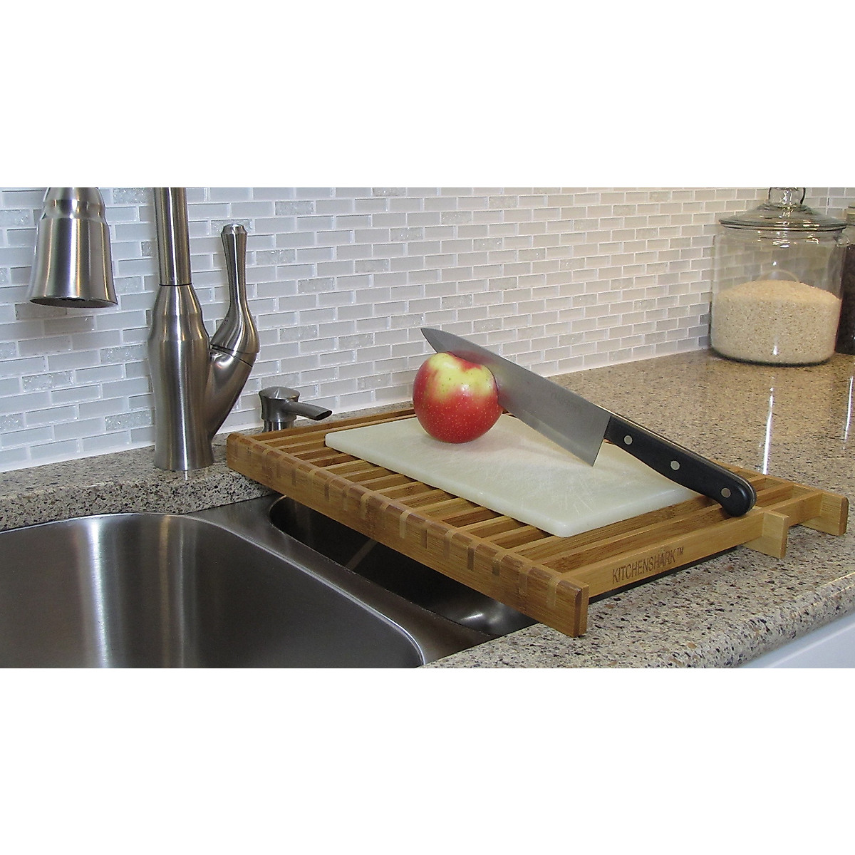 KitchenEdge Over The Sink Dish Drying Rack, Plate Pot Drainer for Kitchen Countertop, 100% Natural Bamboo