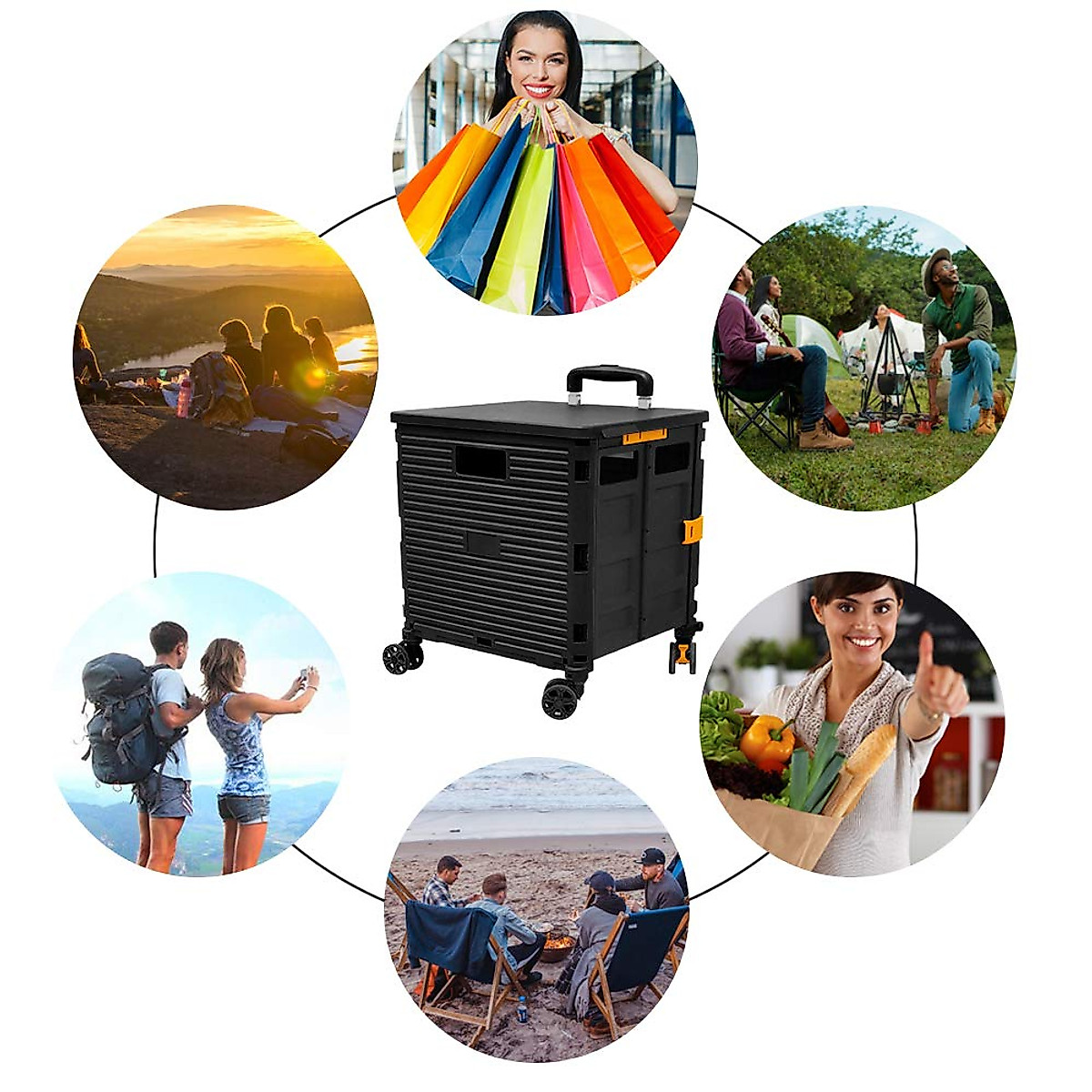 Foldable Utility Cart Folding Portable Rolling Crate Handcart with Durable Heavy Duty Plastic Telescoping Handle Collapsible 4 Rotate Wheels for Travel Shopping Moving Luggage Office Use (Black)