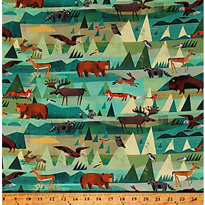 windham fabrics Cotton Wild North Lake Mountains Trees Animals Deer Moose Fox Bears Eagles Green Cotton Fabric Print by The Yard (53934D-2)