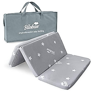 Waterproof Pack and Play Mattress Topper with 2 Pack Portable Carry Bag for Trifold Mattress to Travel, Gray