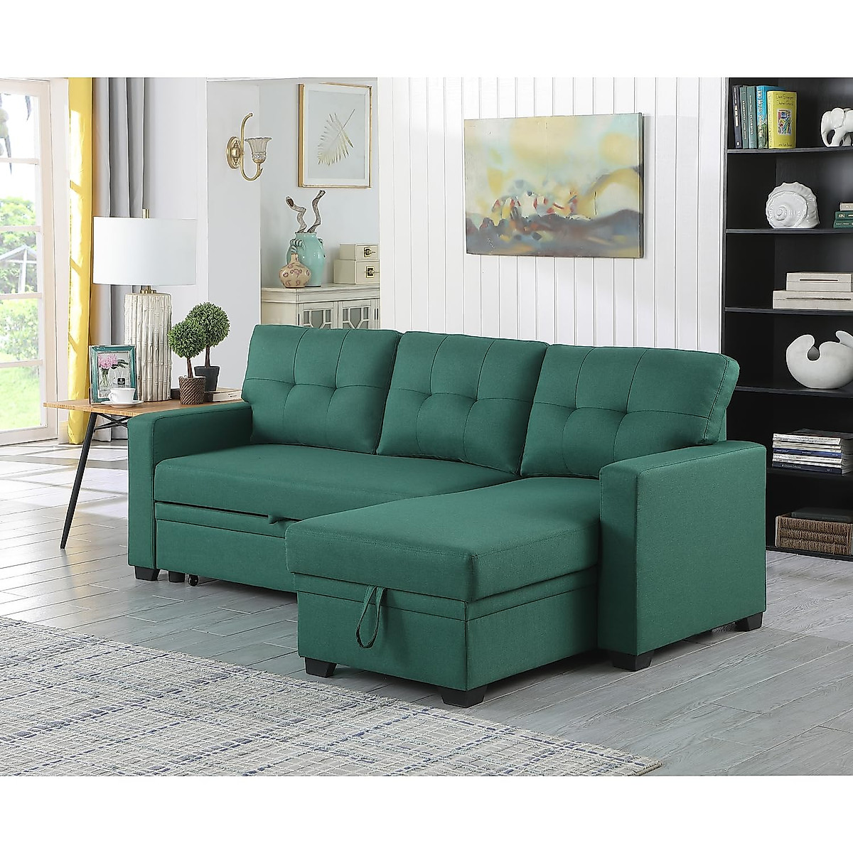 Devion Furniture L-Shaped Polyester Fabric Reversible, Easy Convertible Pull-Out Sleeper Sectional Sofa/Storage Chaise with Tufted Back Cushions and Track Arms in Green