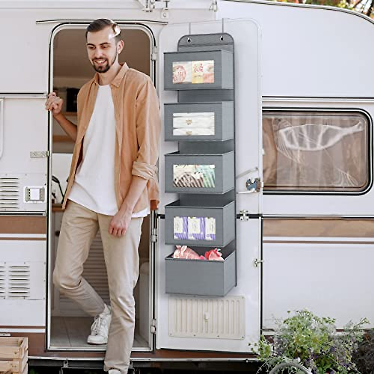 Fixwal Over the Door Hanging Closet Organizer Wall Mount Pantry Storage with 5 Large Pockets and Clear Window for Baby Nursery Bedroom Dorm Pantry Bathroom (Grey)