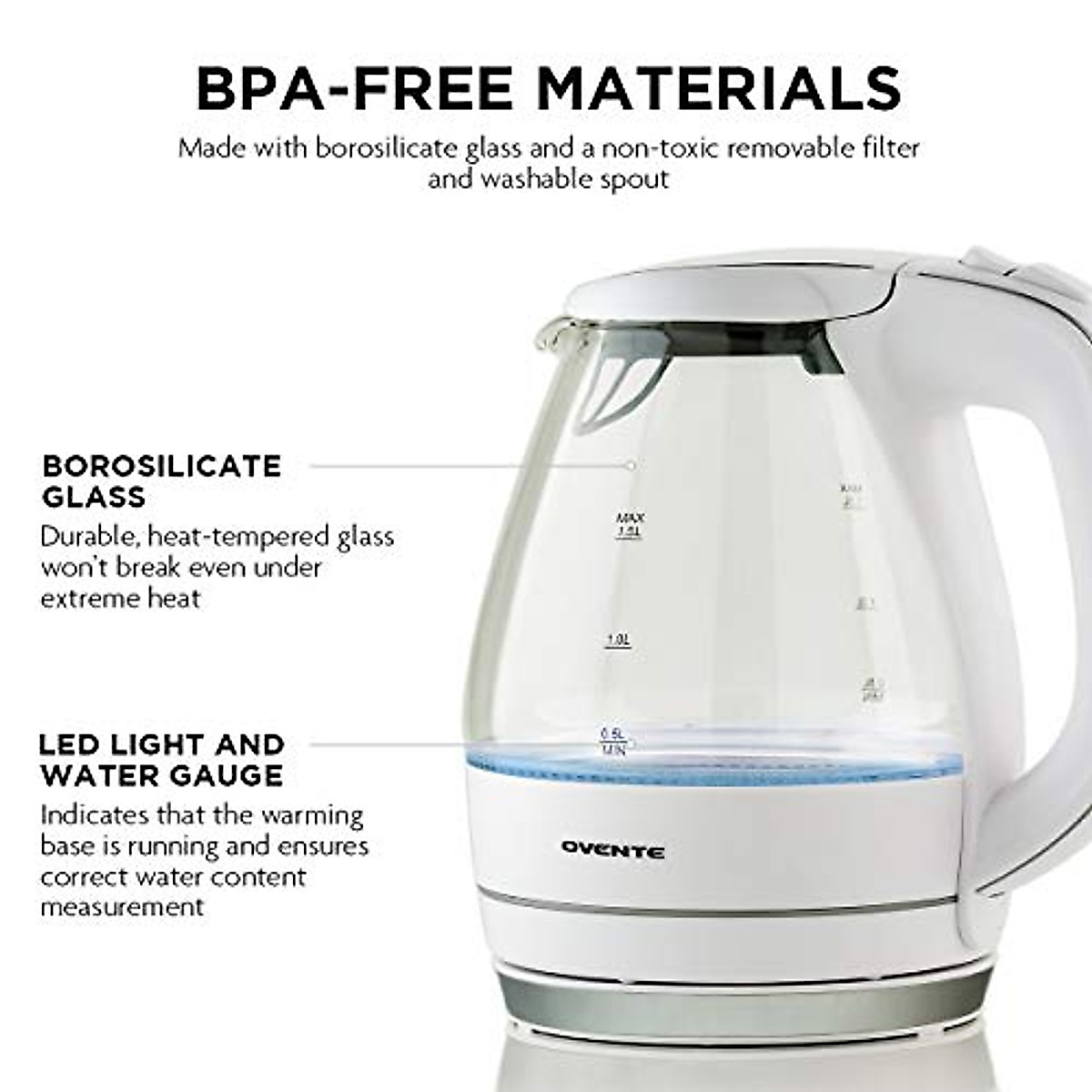Ovente Portable Electric Glass Kettle 1.5 Liter with Blue LED Light and Stainless Steel Base, Fast Heating Countertop Tea Maker Hot Water Boiler with Auto Shut-Off & Boil Dry Protection (White)