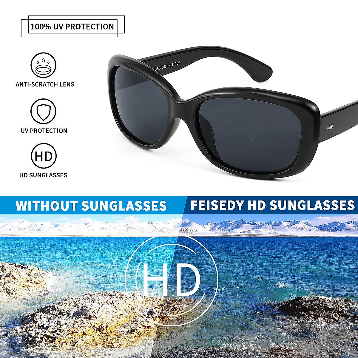 FEISEDY Vintage Square Polarized Sunglasses for Women Men Havana Thick Black Frame B2703