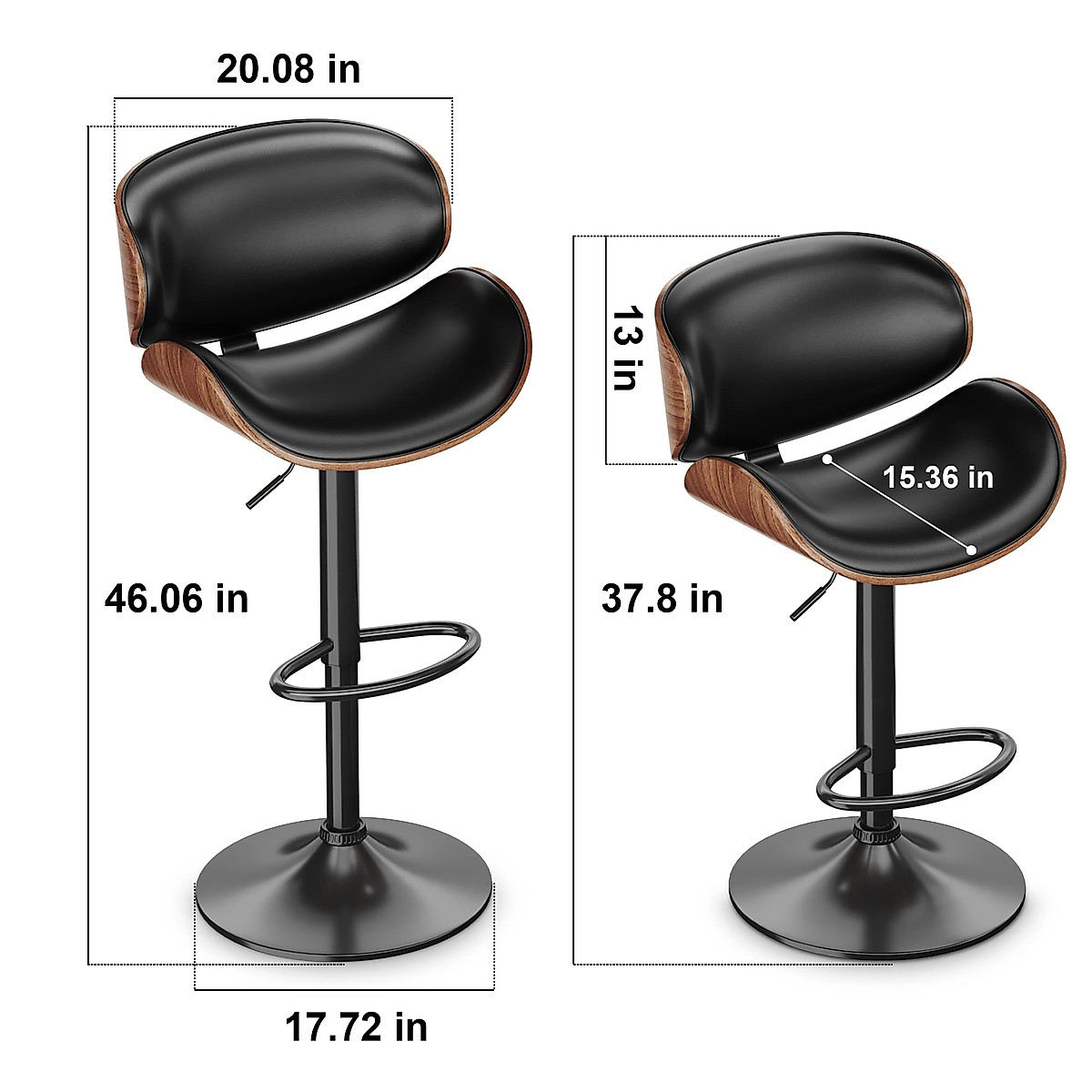 ONME Bar Stools Set of 2, Adjustable Height Swivel Bar Stools, PU Leather Upholstered Bar Chair with Back and Footrest for Bar, Kitchen, Dining Room, Dark Black